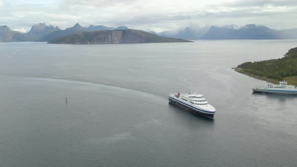 Ferry Boat Cruising At Norwegian Sea Arriving At Bognes Ferry Port From ...