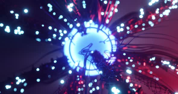 Robotic molecule with shiny nucleus, metallic structures and cables ...