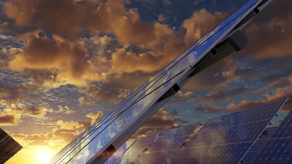 Solar Energy Panels Against Red Sunset Sky Producing Electricity From ...