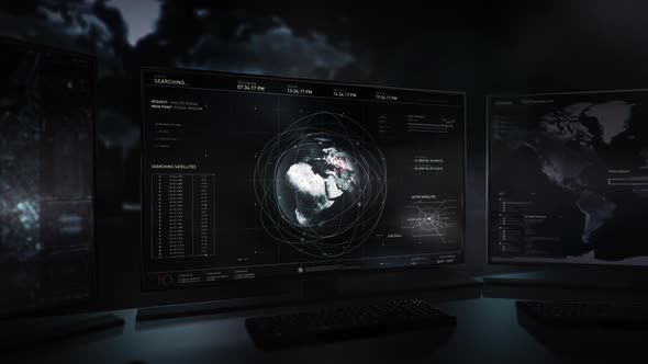 Secret military spy satellite system. Earth orbit. Globe.Computer user ...