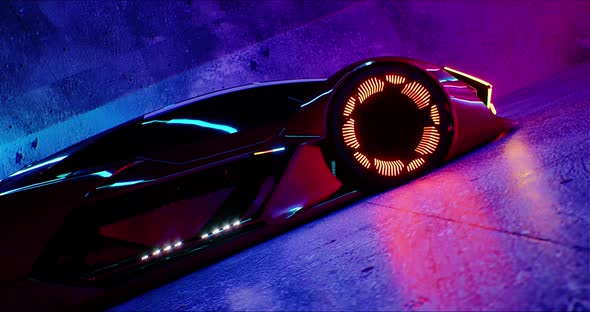 Modern Speeding Red Car with Headlights on Driving Fast Through a Neon ...