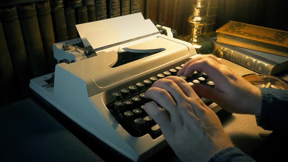 Man Uses Typewriter In Study Room With Many Books, Stock Footage ...