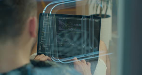 Close Up Man Coding Html and Programming on Screen Monitors ...