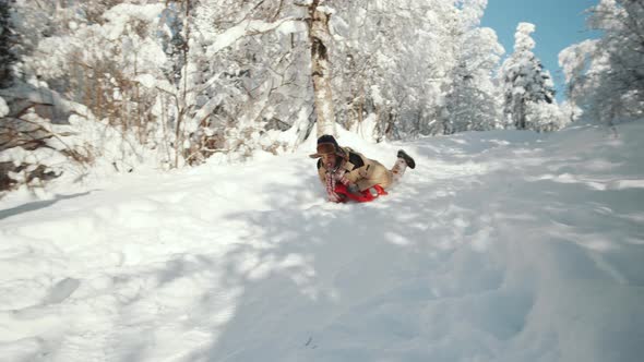Man Riding Sled while Walking with Friends in Forest, Stock Footage