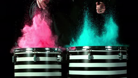 Super Slow Motion Shot of Drum Hit with Color Powder Explosion at 1000 ...