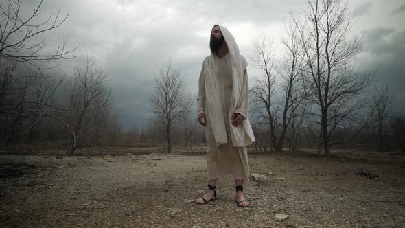 Biblical Religious Man Wearing White Robe Standing, Stock Footage ...