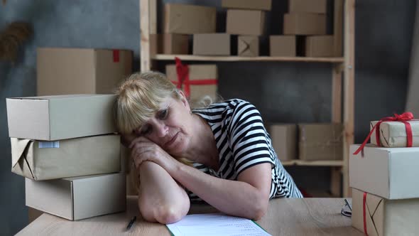 Exhausted Elderly Small Business Owner Sitting at Office Desk Falling ...