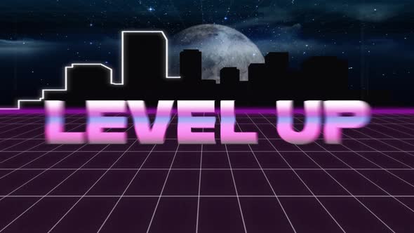 Vintage video game screen with metallic words level up written, Motion ...