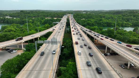 Traffic in in Austin Texas. Interstate highway pullback view of fast ...
