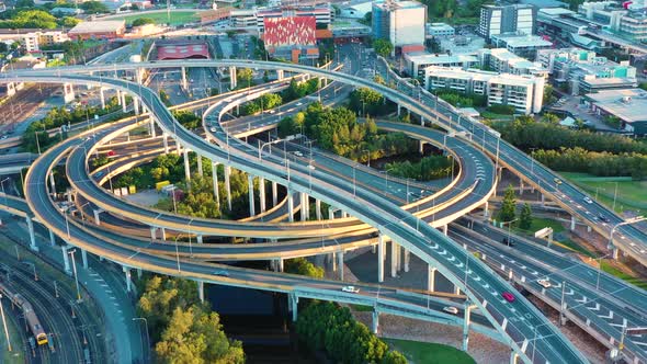 Aerial view of a highway interchange, Brisbane City, Queensland ...