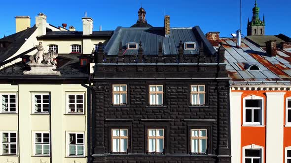 Facade of a European city building. Elements of architecture. Aerial ...