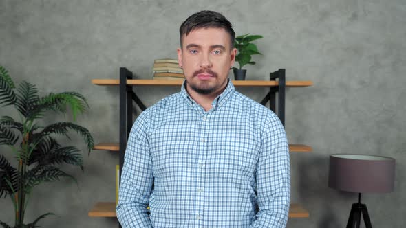 Portrait sad business coach trainer standing in office turns head ...