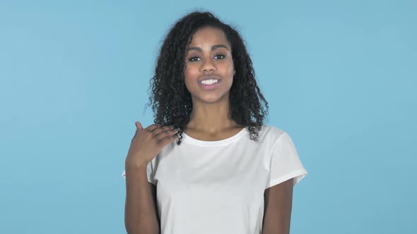 Online Video Chat By African Girl Isolated on Blue Background, Stock ...