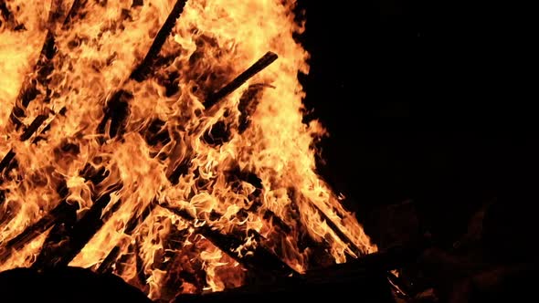 Big Bonfire Burns at Night in Slow Motion on a Black Background, Stock ...