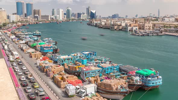 Loading a Ship in Port Timelapse in Dubai Deira Creek UAE, Stock Footage