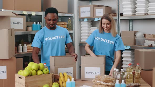 Diverse Volunteers Sorting Food for Donation at Warehouse, Stock Footage