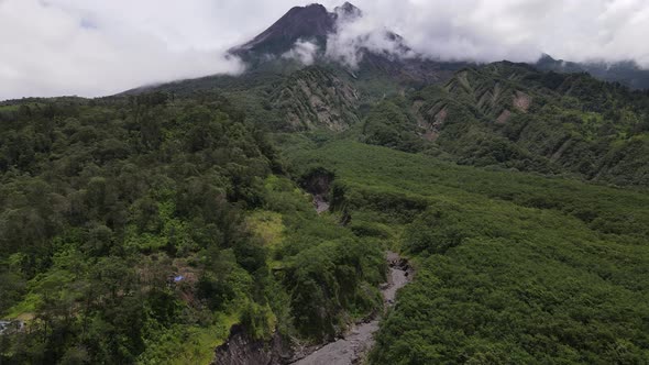 Aerial view of active Merapi mountain with clear sky in Indonesia ...