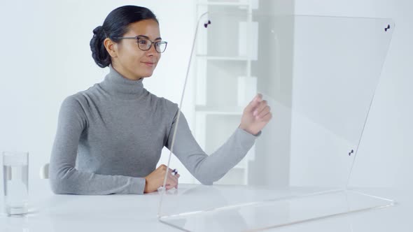 Asian Office Worker Using Invisible Multi-touch Screen, Stock Footage