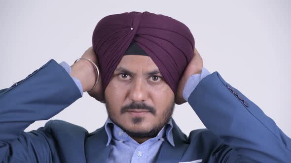 Face of Bearded Indian Sikh Businessman Covering Ears As Three Wise ...