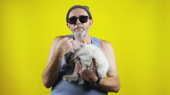 Senior man hipster holding white rabbit, Stock Footage | VideoHive