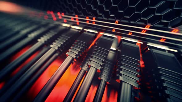 Ethernet cables connected to the network switch. Orange Led lights ...