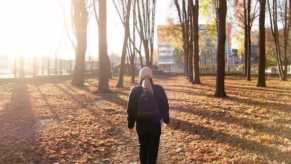 Young blonde woman walks in the autumn park at sunset. Back view. Slow ...