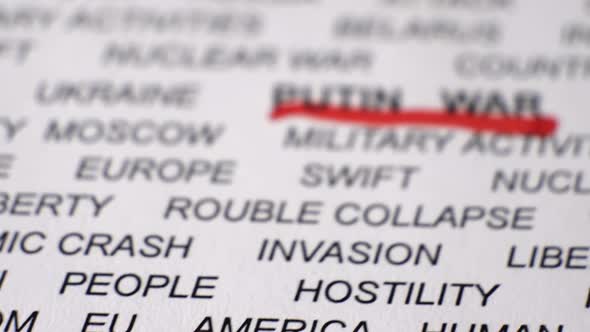 Closeup Shot of PUTIN WAR Written on White Paper with a Red Line Under ...