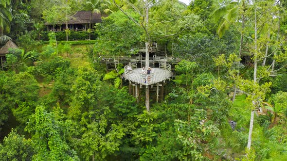 Aerial View Young Couple on the Observation Deck in the Form of a Boat ...