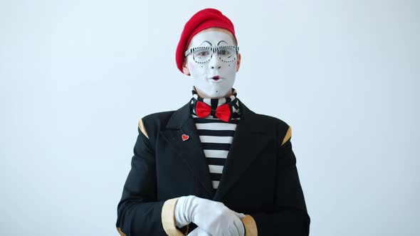 Portrait of Surprised Mime Actor Clapping Hands Smiling Showing Thumbs ...