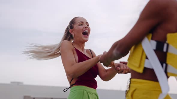 Dancers In Clubwear Dancing Together On Skyscraper, Stock Footage ...