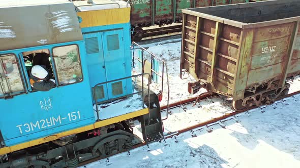 Cargo train platform with container. Scenic aerial view of mixed ...