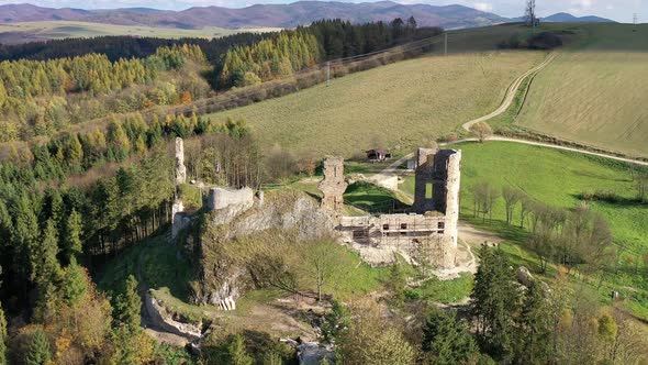 Aerial view of castle in Plavec village in Slovakia, Stock Footage