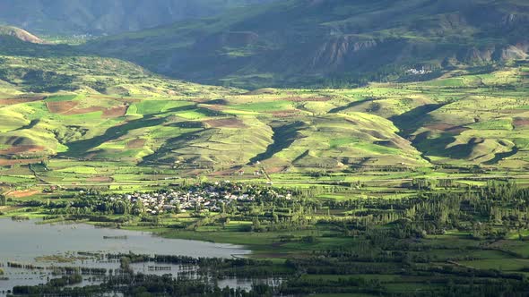 Geography of Lake and Hilly Meadows Landscape in Morning Lights, Stock ...