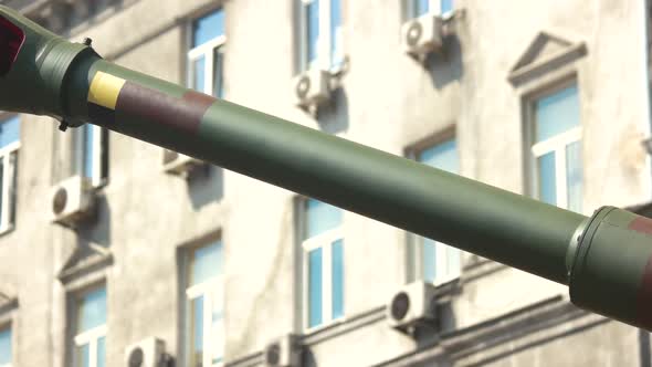 Tank Gun Barrel on Buildings Background, Stock Footage | VideoHive