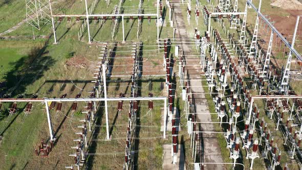 Electrical substation, grid of high voltage power lines and wires, Long ...