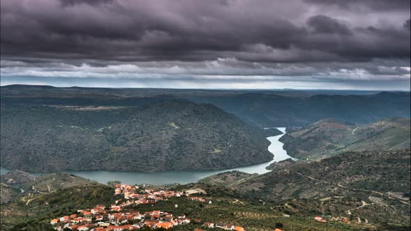 Douro River and Mazouco Village, Portugal. Timelapse, Stock Footage