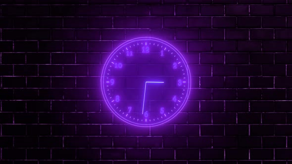 Purple Neon Light Analog Clock Isolated Animated On Wall Background ...