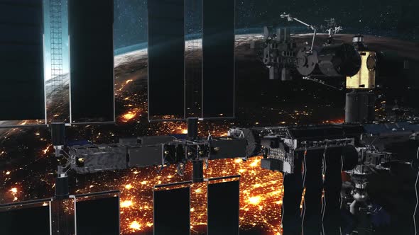 ISS with Solar Panel Rotate Over Earth Atmosphere, Motion Graphics