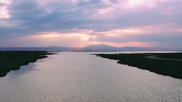 Sunrise over the wetland of delta of Axios river, Greece., Stock Footage
