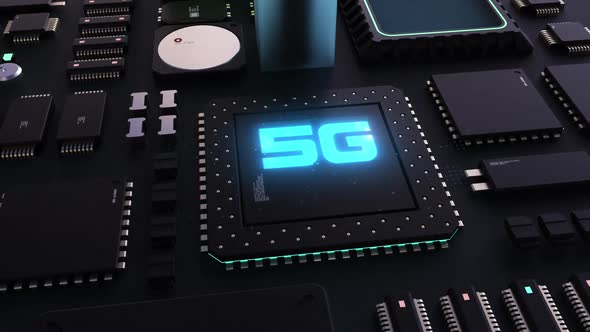 5g header. next generation chip and processor animation. big power technological breakthrough ...