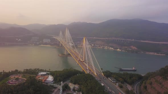 Aerial view of Tsing Ma Bridge. Highways in Hong Kong with structure of ...