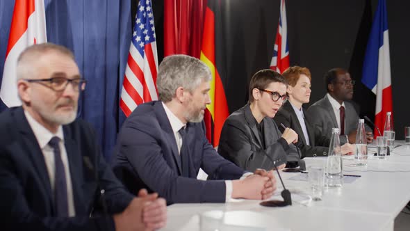 Female Politician Holding Speech at International Press Conference ...