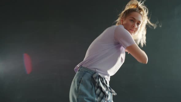 Creative Young Lady Dancing Alone in Dark Room in Dance Studio Having ...