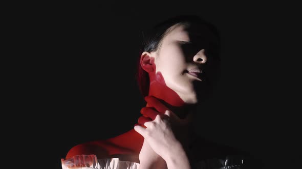 Night Horror Red Blood Woman Gasping for Breath, Stock Footage | VideoHive