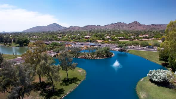 Aerial drone footage of fountain at the entrance of McCormick Ranch ...