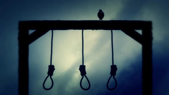Nooses Hanging On A Gallows With A Raven On A Cloudy Day, Motion Graphics