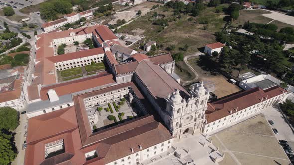 Spectacular aerial above view of Monastery of Santa Maria of Alcobaça ...