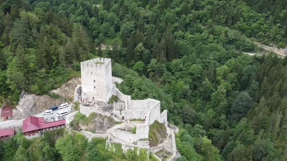 Amazing orbiting aerial of Zil castle Camlihemsin,Rize,Turkiye. Famous ...