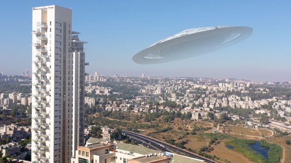 Large Ufo flying saucer over Jerusalem City- Aerial view, Motion Graphics