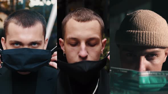 Split Screen Portraits of Young Men in Protective Medical Masks ...